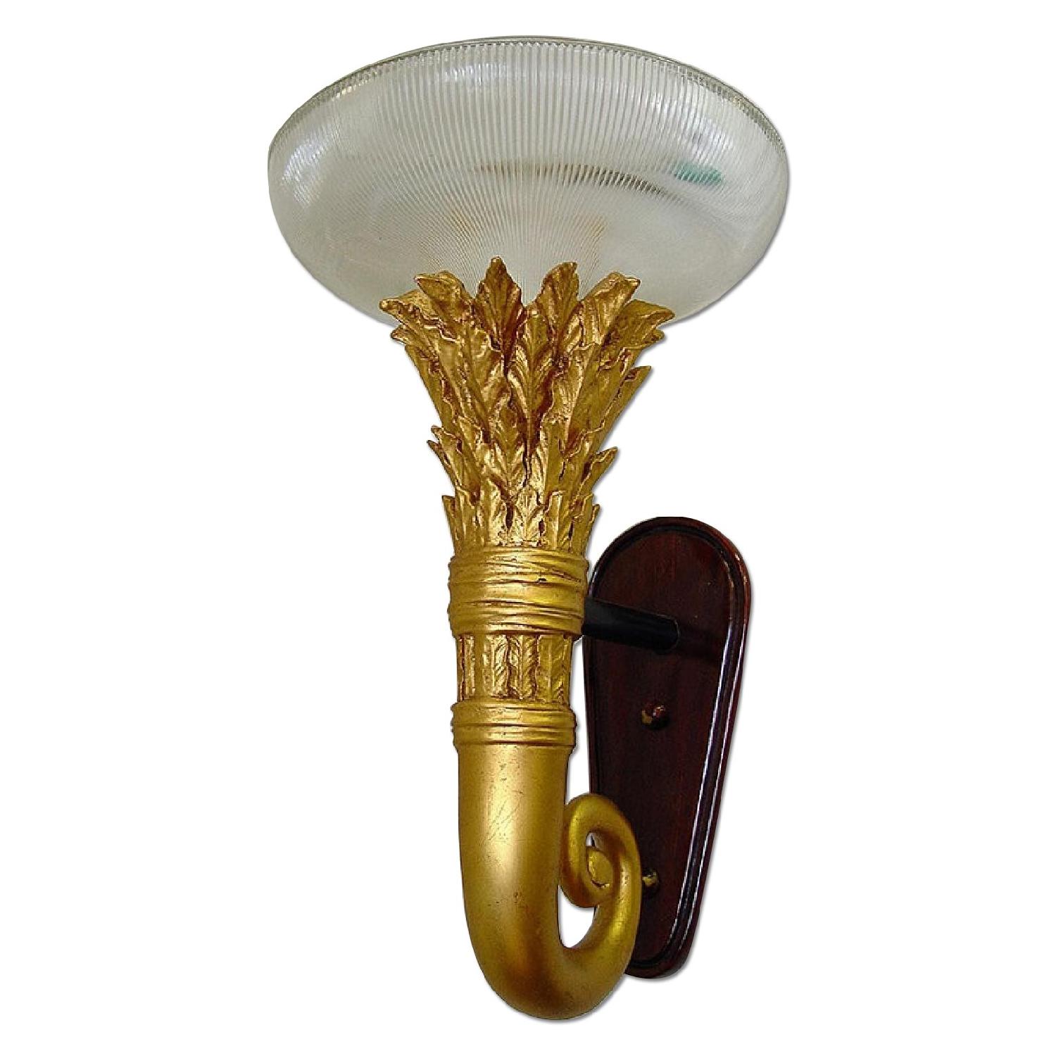 Oversized Gold Torch Horn Sconce w/ Reflective Ribbed Glass Shade - AptDeco