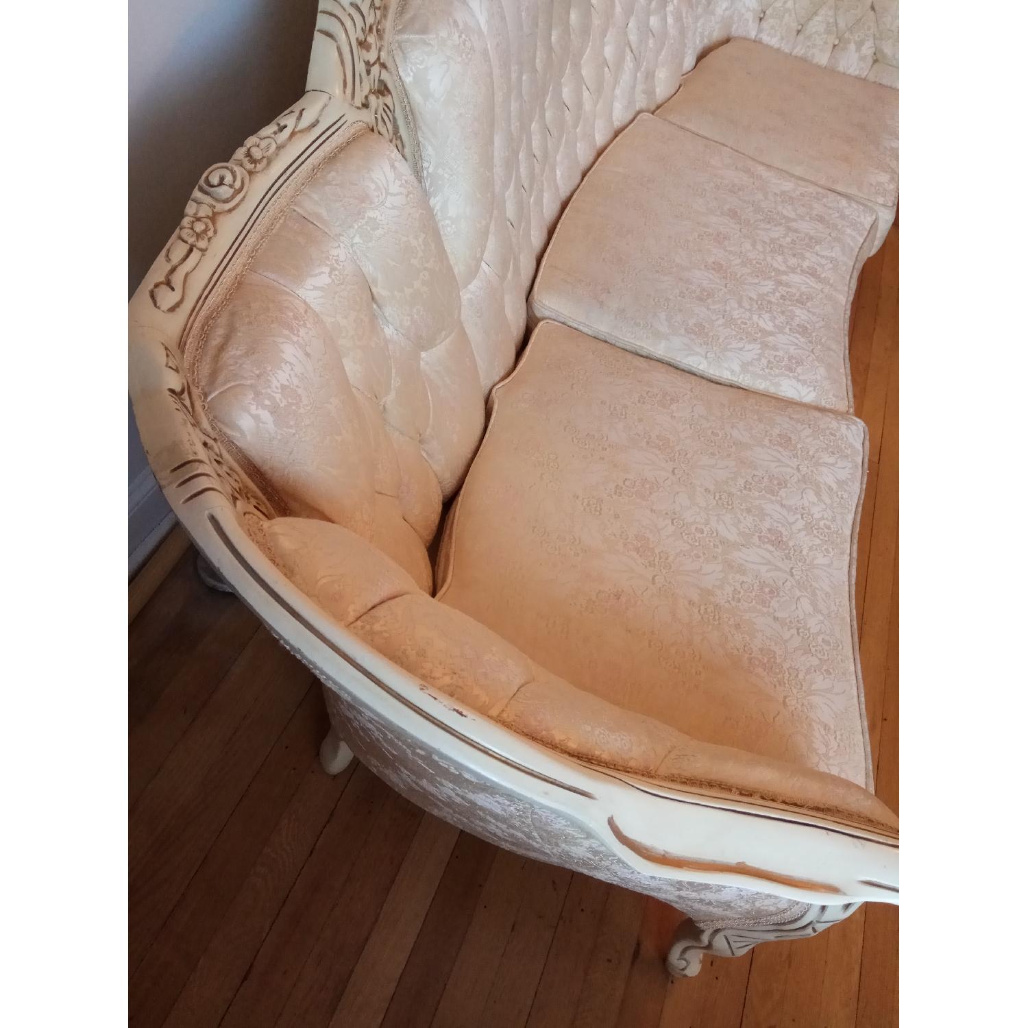 Carved Wood Rococo Style Sofa w/ Tufted White/Ivory Cushions - AptDeco