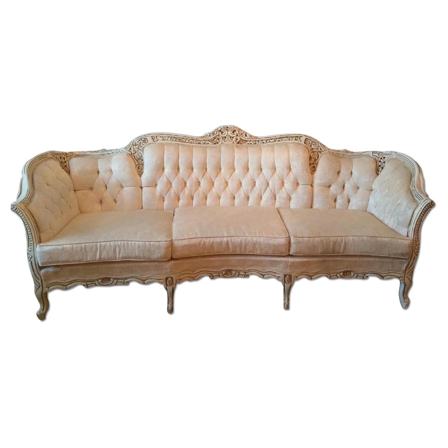 Carved Wood Rococo Style Sofa w/ Tufted White/Ivory Cushions - AptDeco