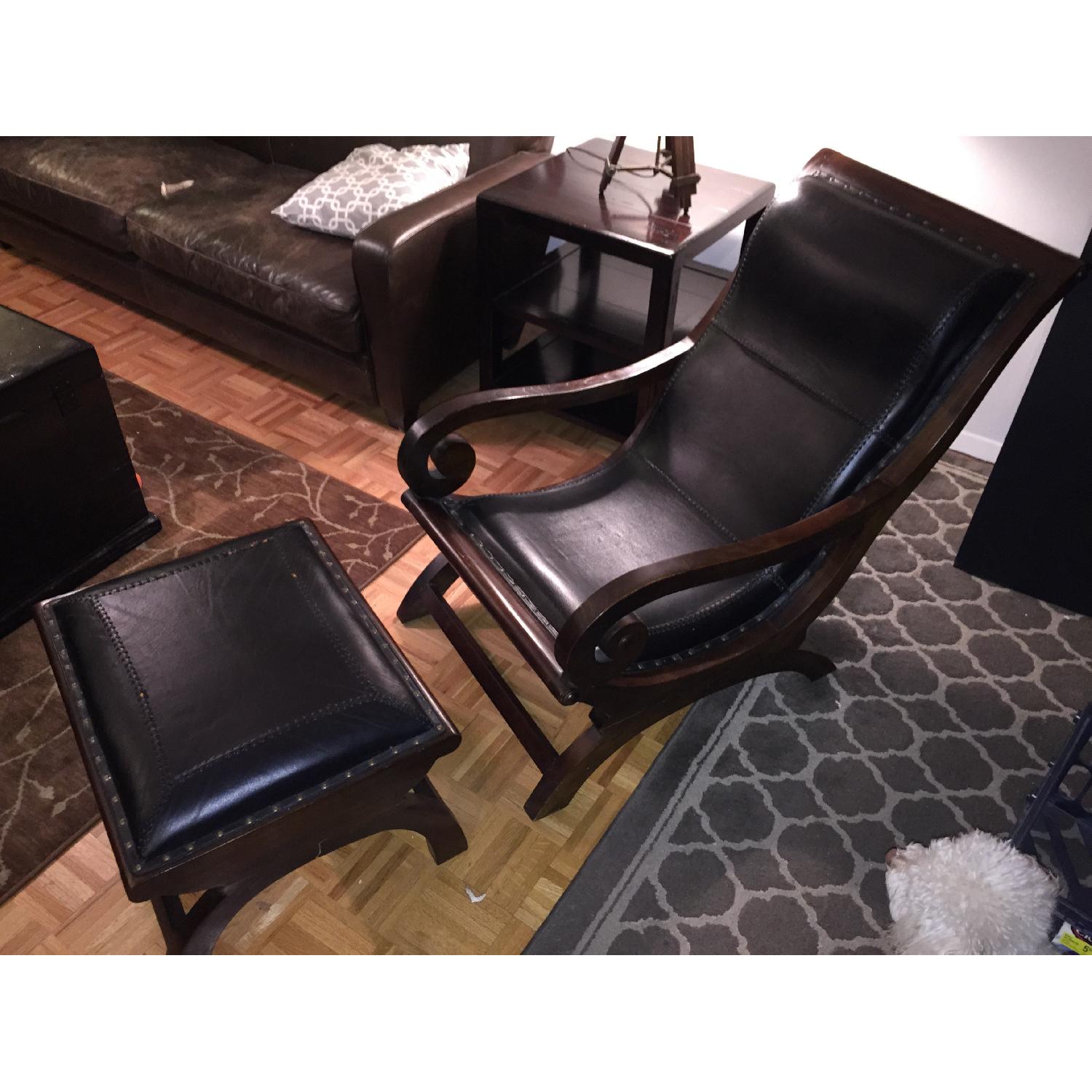 Wood/Leather Scroll Chair and Ottoman - AptDeco