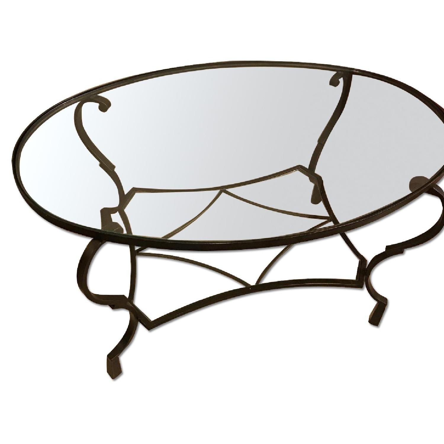 Pier 1 Glass/Hand Painted Iron Oval Coffee Table - AptDeco